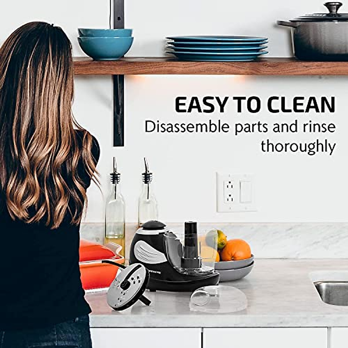 OVENTE Mini Electric Food Processor and Salad Vegetable Shake Mixer 1.5 Cup With Stainless Steel Blades Grater Slicer Chopper Juicer blenders and Emulsify Accessories Black PF1007B