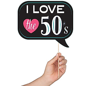 50s Photo Booth Props - 41-pc Photo Booth Kit with 8 x 10-Inch Sign, 60 Adhesive Pads, 45 Sticks - Sock Hop Party Decorations - Fifties Theme Photo Booth Props