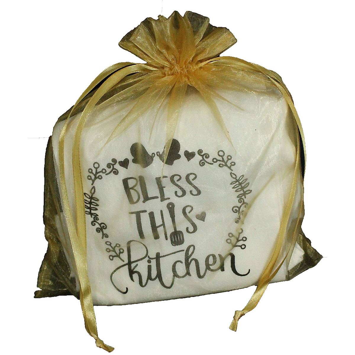 Set of 5 Sentiment Kitchen Dish Towels - Teacher Gift, Christmas Gift for Women, Hostess Gift, White Flour Sack Baking and Cooking Related Kitchen Towels Gift Set - Comes in Organza Gift Bag