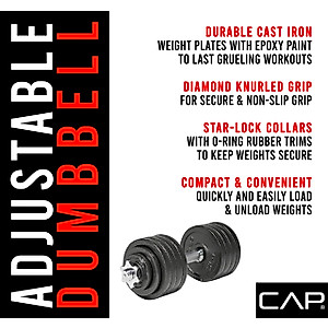 CAP Barbell 52.5-Pound Adjustable Dumbbell Set, Single, Black