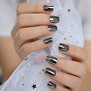 Coolnail Dark Smoky Gray Reflective Mirror Metal Plating False French Acrylic Nail Tips Punk Metallic Square Fake Nails With Glue Sticker