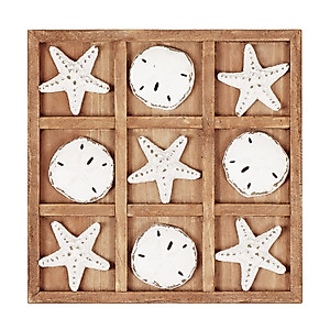 NIKKY HOME Beach Tic Tac Toe for Fun Starfish Sand Dollar Coastal House Coffee Table Decor Wood Board Travel Game, 8.97 by 8.97-in Distressed White