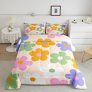 Manfei 70s Groovy Twin Size Down Comforter Set,Retro Daisy Flowers Duvet/Quilt Set Soft Bed Collection,Rustic Farmhouse Style Colorful Bedding Comforter for Boys Girls Bedroom,2 Pcs