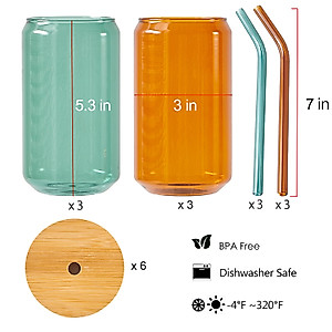 YOOLANSA [ 6 PCS Colored Drinking Glass with Bamboo Lid and Straw Set,16oz Can Glass with Lid and Straw, Soda Can Glass,Iced Coffee Glass,Milk Glass(3 Amber + 3 Green)