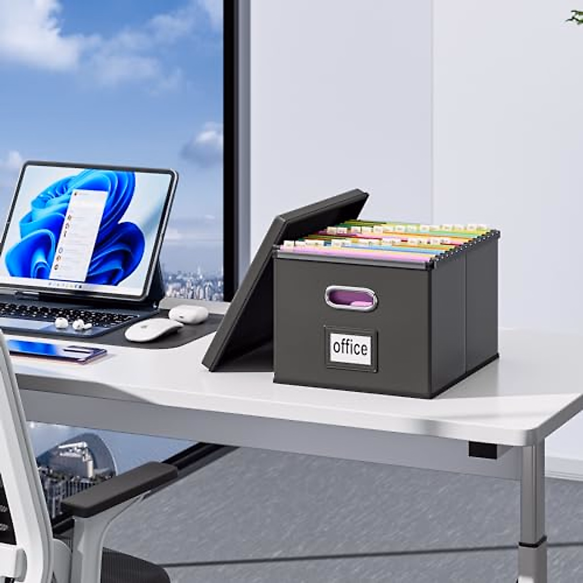 Huolewa Portable Leather File Organizer Boxes with Lids, Collapsible Linen Hanging Filing Storage Boxes with Plastic Slide, Decorative Home/Office Filing System Boxes for File and Folders Storage