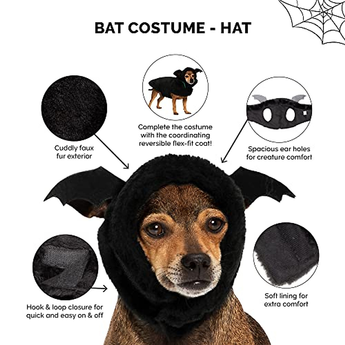 Furhaven Medium Dog Hat, Washable & Cozy - Plush Faux Fur Flex-Fit Black Bat Dog Hat Costume - Black, Medium