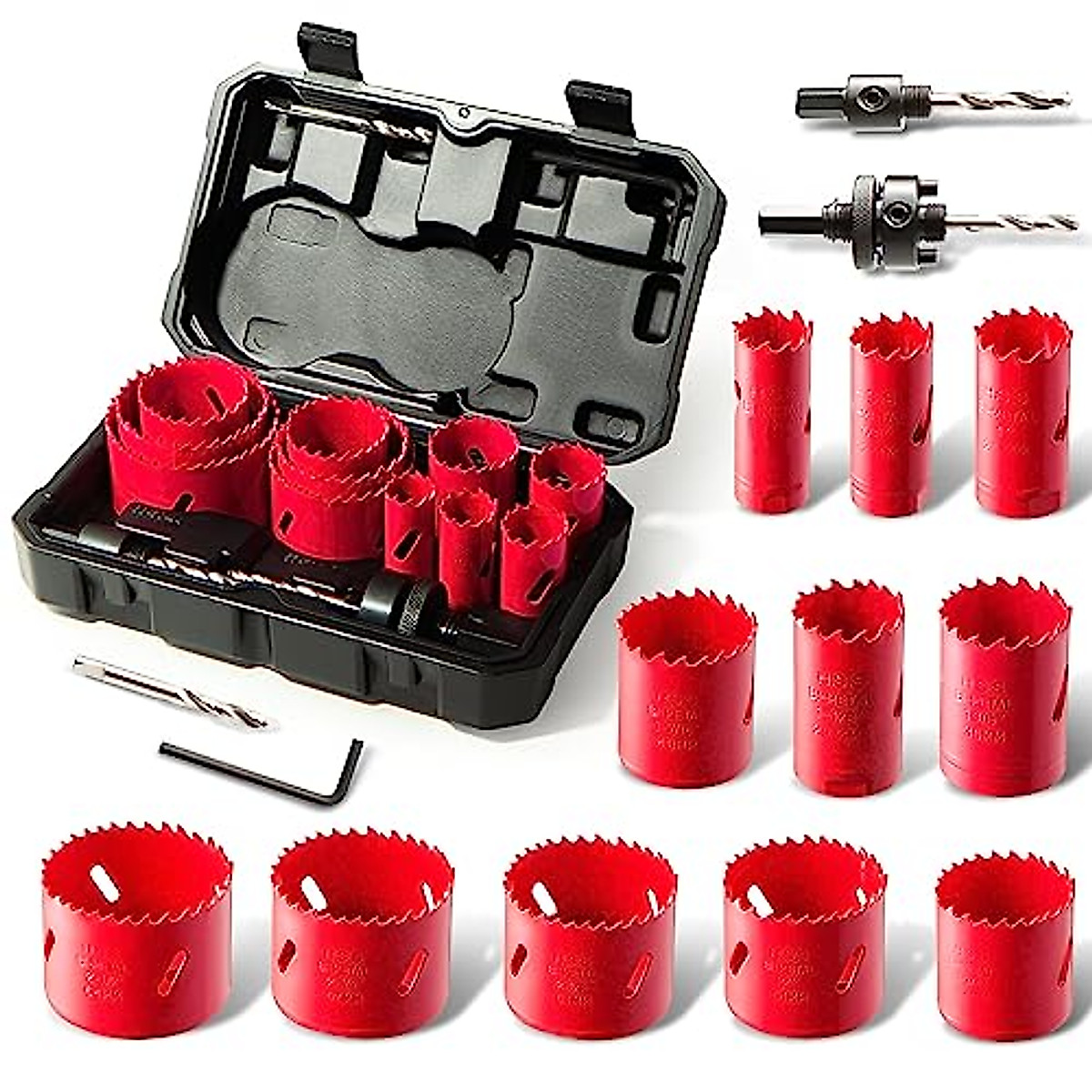 Bi-Metal Hole Saw Kit, HYCHIKA 17 Pcs High Speed Steel 3/4" to 2-1/2" Hole Saw Set in Case with Mandrels, Hole Saw Bit, Hole Saw for Thin Metal, Hard Wood, Drilling PVC Board, and Plastic Plate