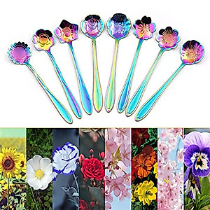 Flower Spoon Set, niceEshop Stainless Steel Teaspoon Colorful Coffee Spoon Tea Spoon Mixing Spoon Sugar Spoon, Set of 8, Rainbow