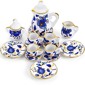 15 Pieces Miniature Porcelain Tea Cup Set Kitchen Miniature Porcelain Set Mini Flower Pattern Teapot Cup Plates Set Dollhouse Kitchen Accessories Set (Retro Flower Style)