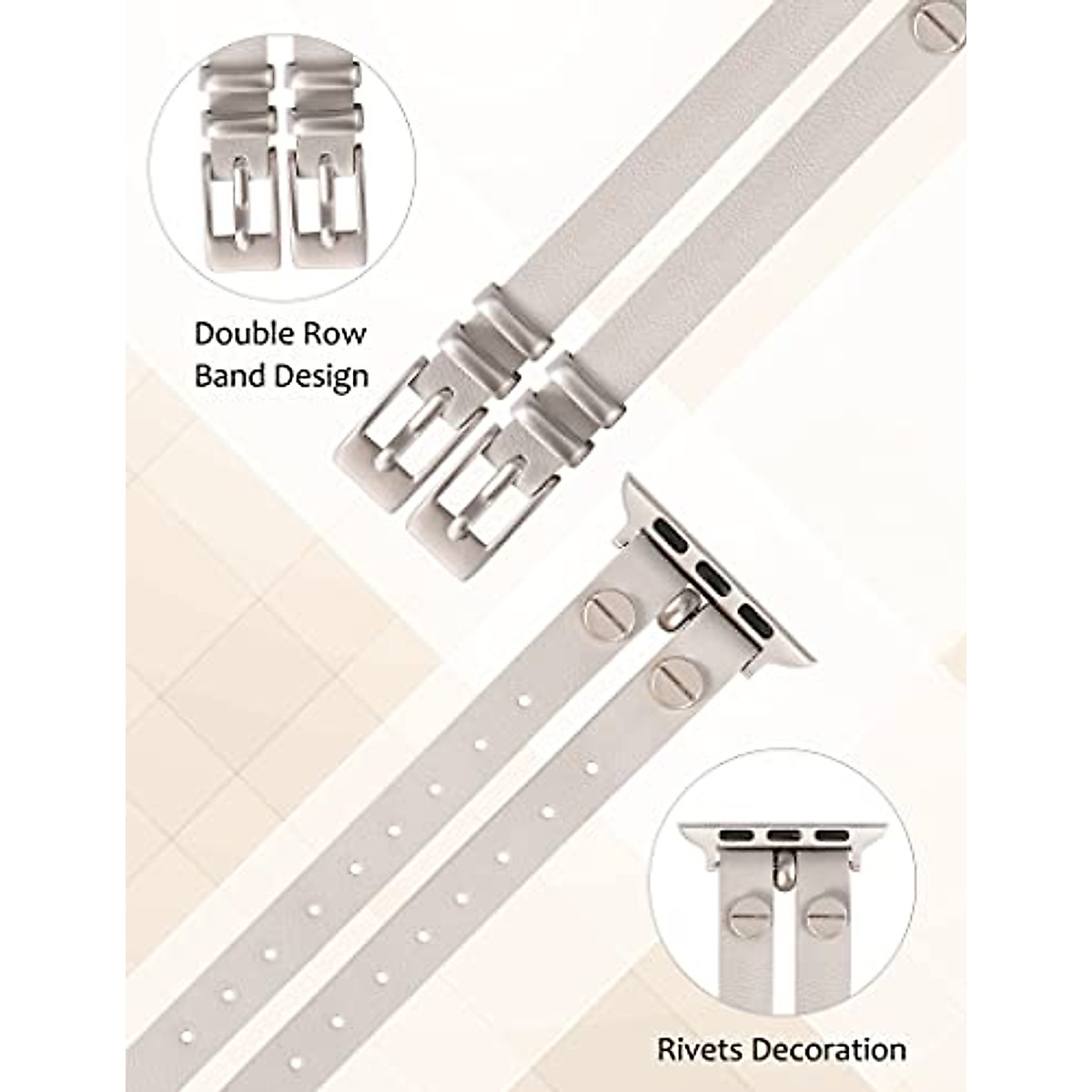 Wearlizer Leather Bands Compatible with Apple Watch Band 38mm 40mm 41mm Women, Double-Row Design with Rivets Decoration Stylish Strap for iWatch Series SE/9/8/7/6/5/4/3/2/1(Starlight with Starlight)