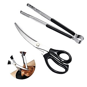 Korean barbecue scissors and clip set, BBQ scissors BBQ tongs, kitchen scissors, cooking scissors,pissa scissors, Ergonomic scissors stainless steel scissors clip for easy use (black)