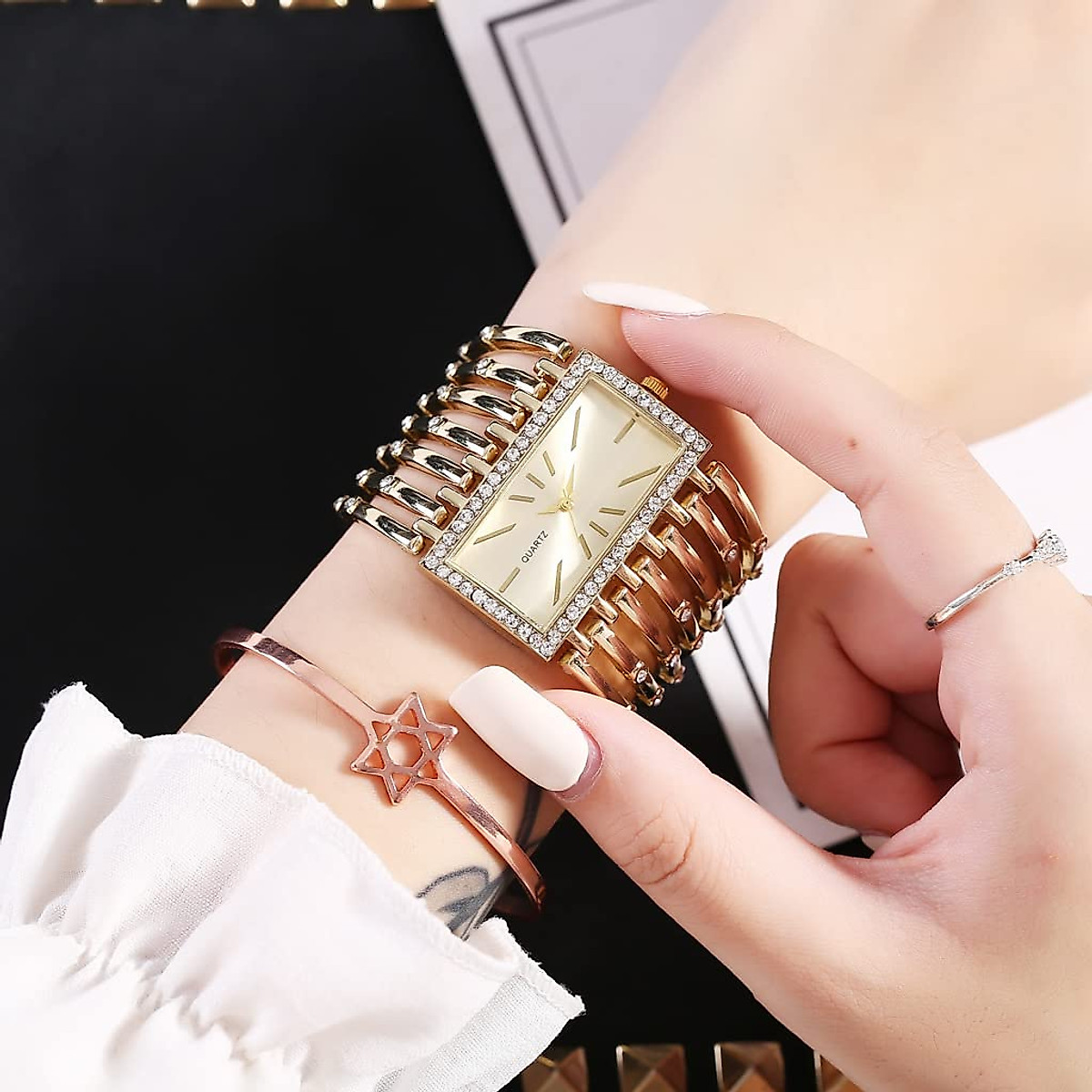 SENRUD Fashion Bracelet Watches for Women Luxury Rectangular Dial Analog Quartz Wrist Watch Gifts for Ladies (Diamond Gold)