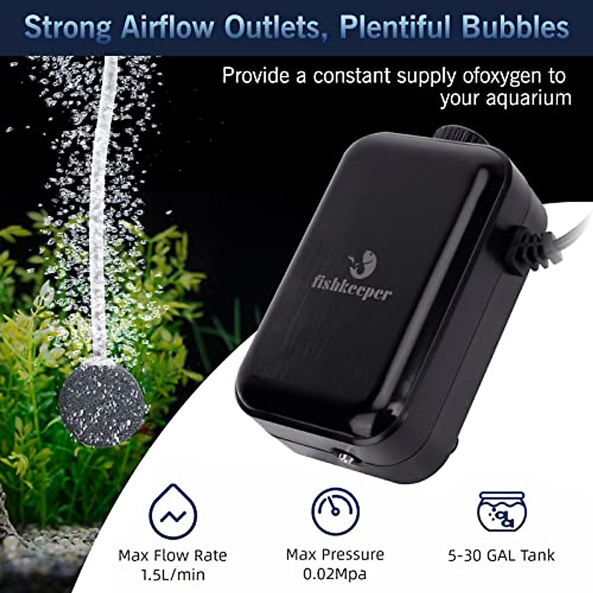 fishkeeper Aquarium Air Pump Fish Tank Aerator 2W/3W/4.5W/6W Ultra Quiet Adjustable Oxygen Pump Fish Tank Air Pump for 5-100 Gallon Tank