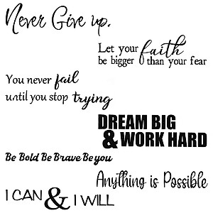 5 Sheets Vinyl Wall Quotes Stickers Inspirational Quotes Decals Peel and Stick Motivational Wall Decals Never Give up Anything is Possible Wall Decals for Bedroom Living Room Office Bathroom