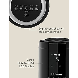 HOLMES 42" Digital Tower Fan with Accent Light, ClearRead Display, High/Low Brightness Level, 90° Oscillation, 5 Speeds, 4 Modes, 8-Hour Timer, Home, Bedroom or Office, Remote Control, Matte Black
