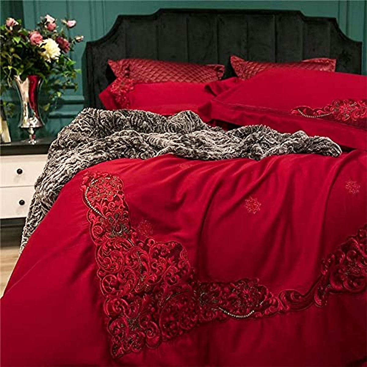 BONOOL 4-Piece Bed Sheet Set Duvet Cover Set Egyptian Cotton Lace Wedding Set 4 Pieces Red King Queen Size Bedclothes Cover Set Pillowcases Luxury Set (Size : Queen) (King)
