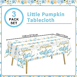 LINHAXM 3 Pack Blue Little Pumpkin Baby Shower Tablecloths - Fall Pumpkin Floral Plastic Table Cover for Baby Boy Shower Gender Reveal Decorations, 54 x 108 Inch
