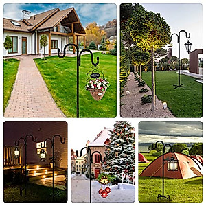 STARFAMI Double Shepherds Hook for Outdoor with 5 Prongs Base, Upgraded Adjustable Garden Hanging Stand Plant Holders for Bird Feeder, Plant Baskets, Solar Light Lanterns, Wedding (60 Inch 2pcs)