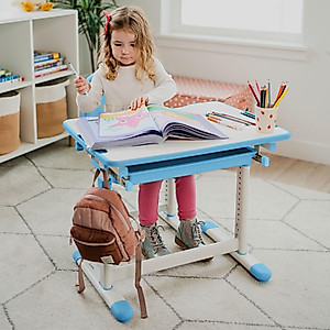 Mount-It! Kids Desk and Chair Set, Height Adjustable Sturdy, Girl Desk, Kids Art Desk, Kids Study Desk and Chair Set for Boys, Home School, Drafting Desk, Ergonomic Childrens Storage Drawer Blue