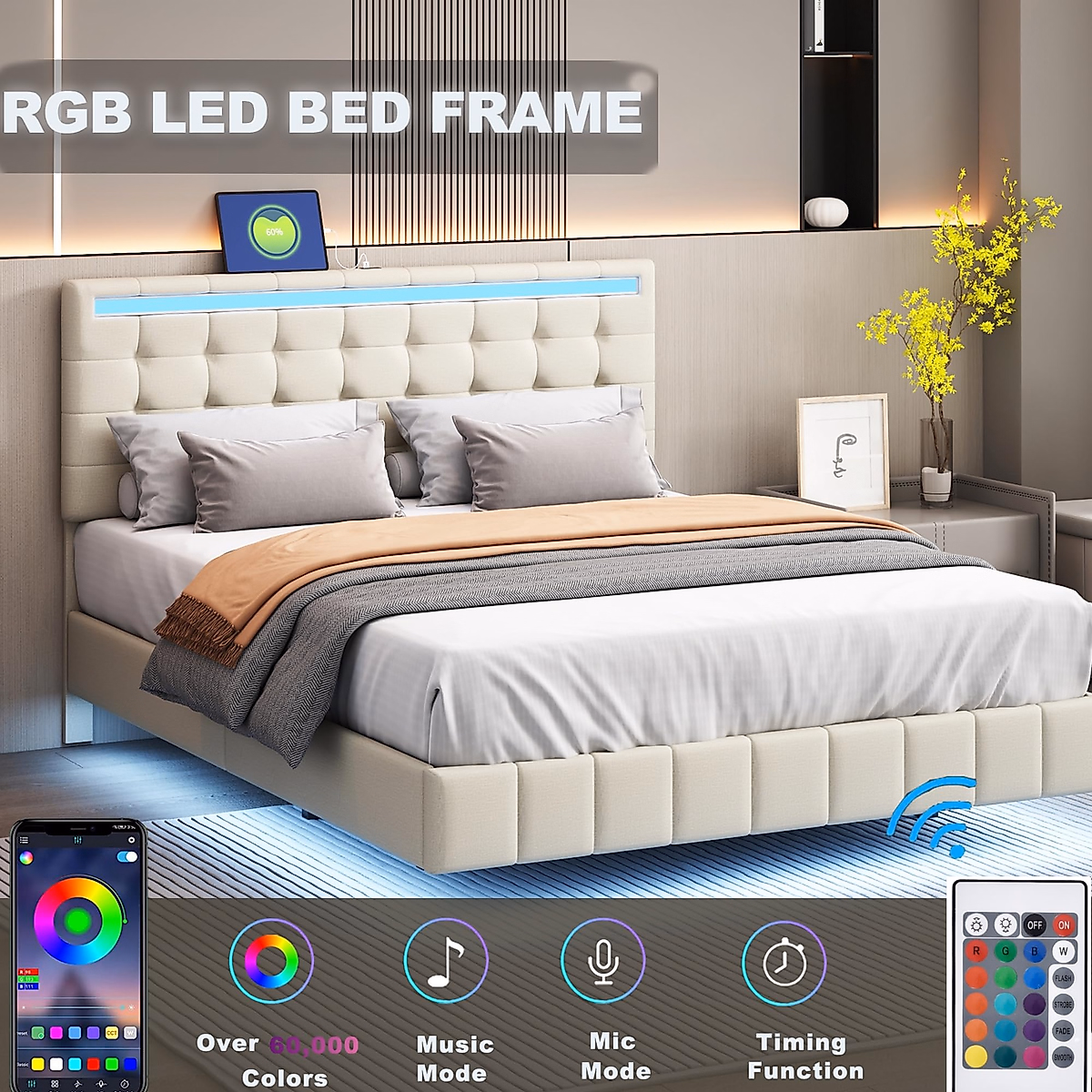 BIADNBZ Queen Size Floating Bed with LED Lights and USB Charging,Modern PU Leather Upholstered Low Platform Bedframe with Headboard for Bedroom Guest Room,Wooden Slat Support,Beige