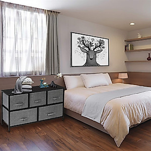 EEBUIHUI Dresser with 5 Drawers, Fabric Storage Tower, Organizer Unit for Bedroom, Living Room, Hallway, Closets & Nursery - Sturdy Steel Frame, Wooden Top (Dark Grey5)