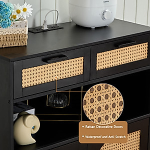 LIDYUK Sideboard Buffet Cabinet with Charging Station, Kitchen Storage Cabinet with Rattan Doors, Cupboard Console Table Sideboard Cabinet for Dining Room Hallway, Black