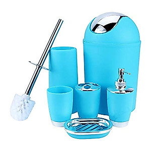 Ejoyous Bathroom Accessories Set 6 Piece Bath Accessory Bathroom Supplies Set with Bin Soap Holder Dish Dispenser Tumbler Toothbrush Holder, Blue