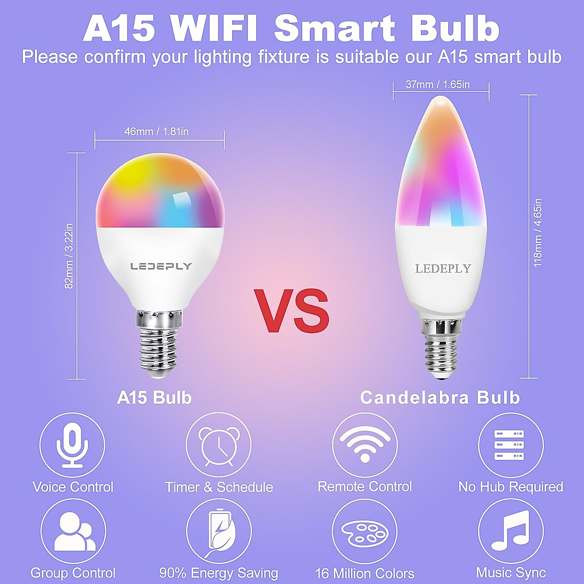 A15 LED Smart Bulb, 5W=40W,Compatible with Alexa, Google Assistant, E12 Base, Dimmable, WiFi, RGB Color Changing, Tunable White 2700K-6500K, Globe Shape, G45 Ceiling Fan Light Bulbs 4 Pack