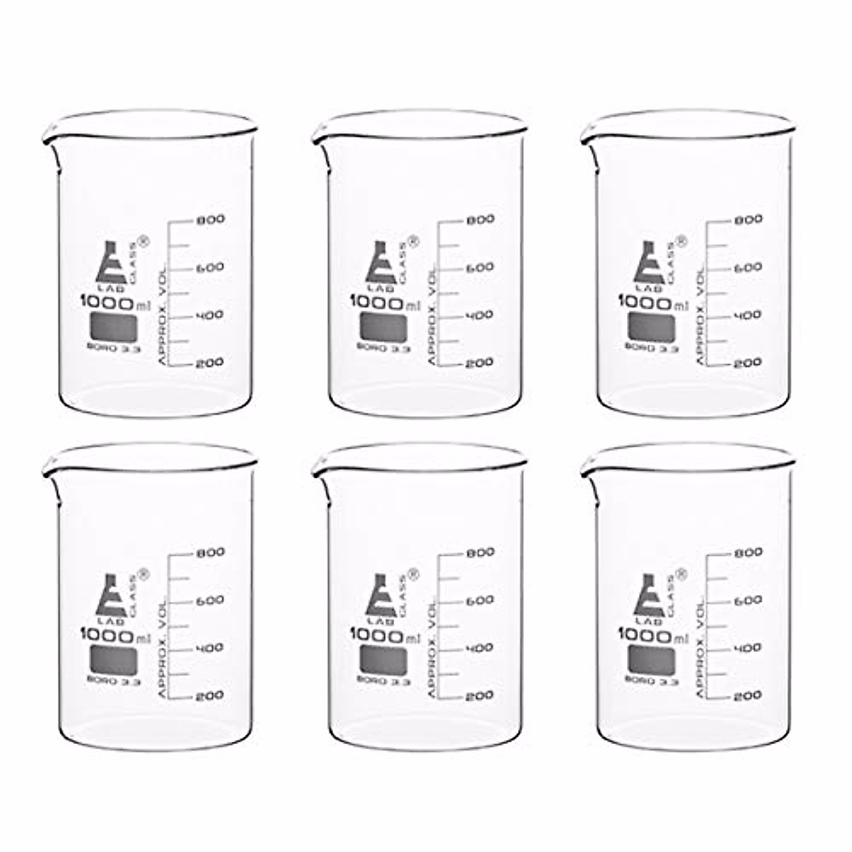 EISCO 6PK Beakers, 1000mL - Low Form with Spout - White, 100mL Graduations - Borosilicate Glass