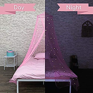 Bollepo Pink Bed Canopy for Girls with Glowing Stars - Princess Crib Netting Room Decor, Ceiling Tent to Cover Toddler Crib | Single, Twin, Full, Queen Size Kids Bed Curtains, Fire Retardant Fabric