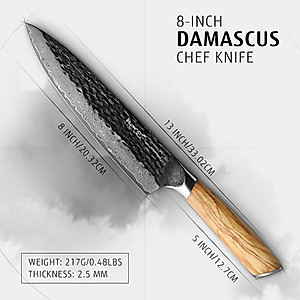 hecef 8 Inch Chef Knife Damascus Professional Japanese Knife, High Carbon Damascus Stainless Steel Kitchen Knife with Ergonomic Olive Wood Handle, Sharp Cooking Knife