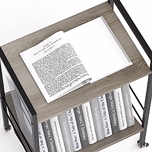 NOVIMANGO Record Player Stand with Storage, Vinyl Player Stand 2 Tier Vinyl Record Storage with Wheels Turntable Stand with Metal Frame Industrial Record Player Cabinet for Bedroom Office, Gray