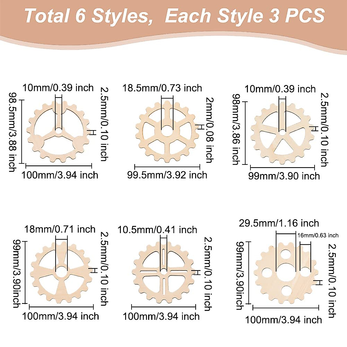 OLYCRAFT 18Pcs 6 Style Wooden Gear Wheel 3.9Inch Unfinished Wood Pieces Crafts Mini Wood Pendants Gear Slices Charms Steampunk Wood Gear Pieces Embellishments for DIY Crafts Art Decoration