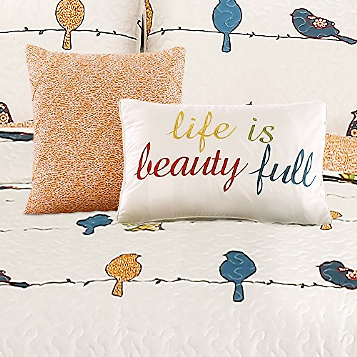 Lush Decor Rowley Birds Quilt Reversible 7 Piece Bedding Set with Floral Animal Bird Print and Decorative Pillows, King, Multi