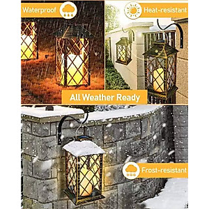 Fuairmee Solar Lanterns Outdoor Waterproof, Set of 2 Hanging Lantern with Brackets, 14 inch LED Flickering Flameless Candle Lights, Outdoor Lanterns for Front Porch Pathway Courtyard Party Patio
