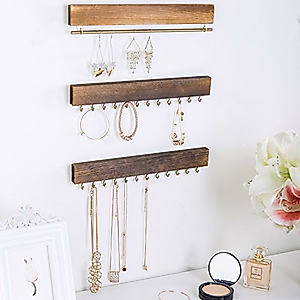 MyGift 3-Piece Wall Jewelry Organizer, Wall-Mounted Rustic Wood and Gold Tone Metal 24 Hook Necklace and Bracelet Storage Rack with Hanging Earring Bar