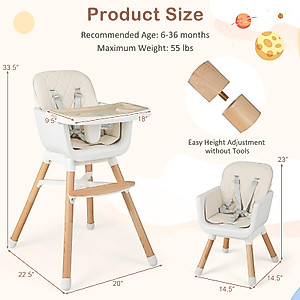 BABY JOY Baby High Chair, 6 in 1 Convertible Wooden High Chair for Babies & Toddlers with Adjustable Legs, Double Removable Tray, Safety Harness & Waterproof PU Cushion (Beige)