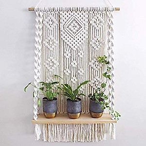 AMIAEDU Macrame Wall Hanging Shelf, Handmade Indoor Boho Rope Plant Pot Basket Hanger Holder, Rope Plant Hanger for Wall Decor (White)