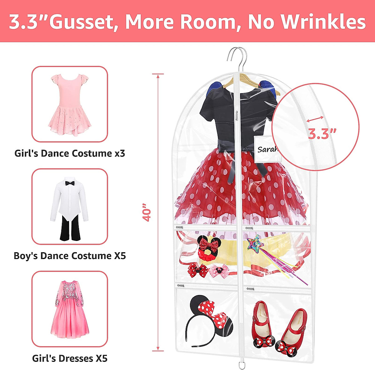 SDAWIN 40'' Clear Kids Dance Costume Garment Bags for Dancers with Pockets, PVC Waterproof 3.3" Gussetes for Girls and Boy Travel Clothes Covers, 3 Packs