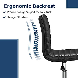 MCQ Armless Ribbed Home Desk Wheels, Faux Leather Office Adjustable Task, Mid Back Swivel Computer Chair, Jet Black