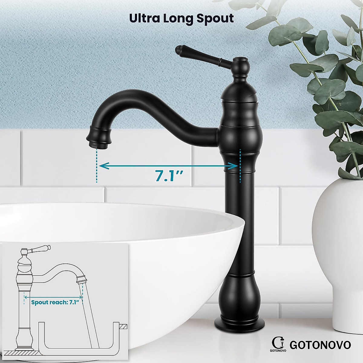 gotonovo Single Handle Vessel Sink Faucet 360° Swivel Bathroom Faucet One Hole Farmhouse Lavatory Vanity Faucet Bowl Sink Mixer Tap with Pop Up Drain, Matte Black