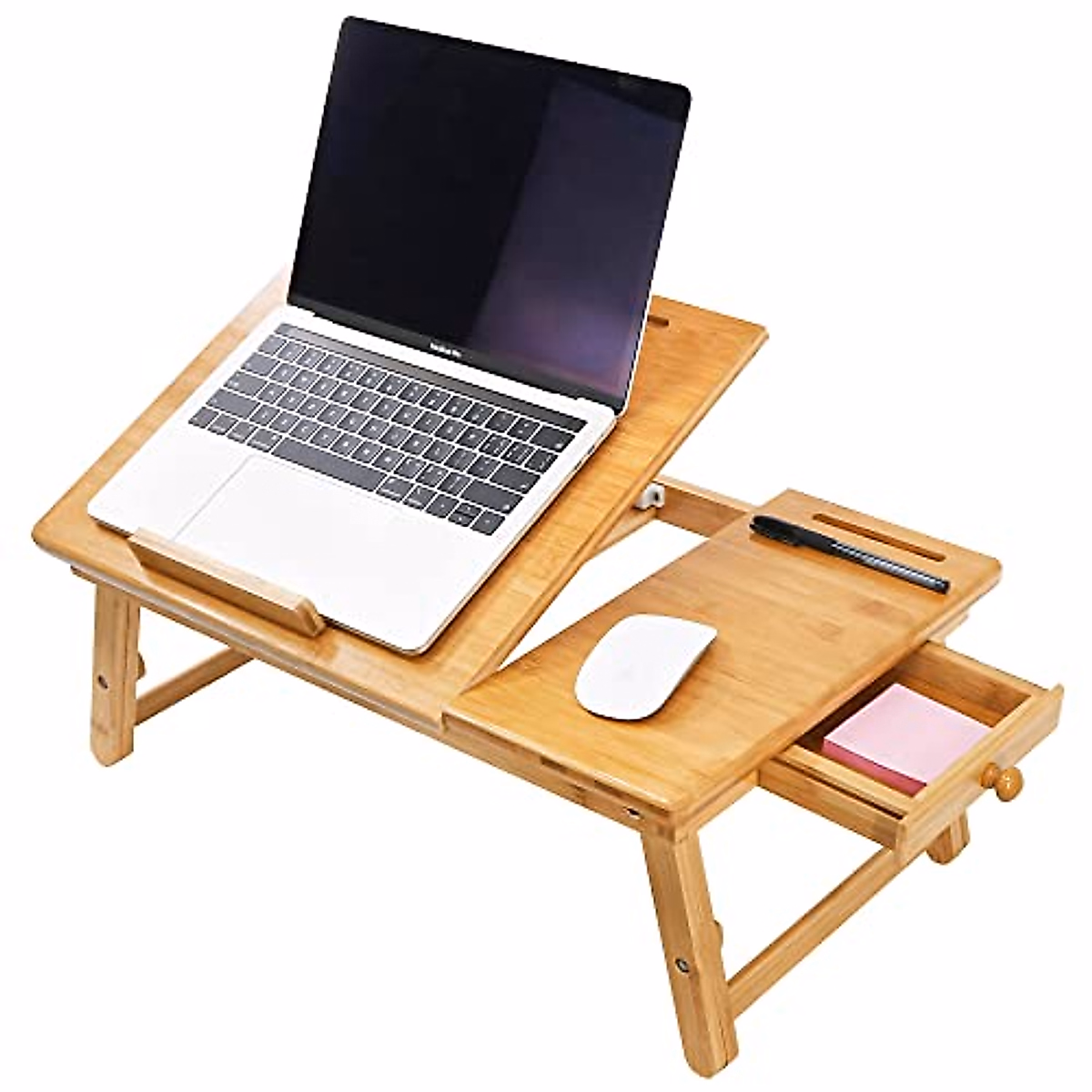 Diosbles Lap Desk, Bamboo Laptop Desk for Bed and Sofa, Height Adjustable Bed Desk, Foldable Breakfast Serving Bed Tray, Laptop Tray with Drawer