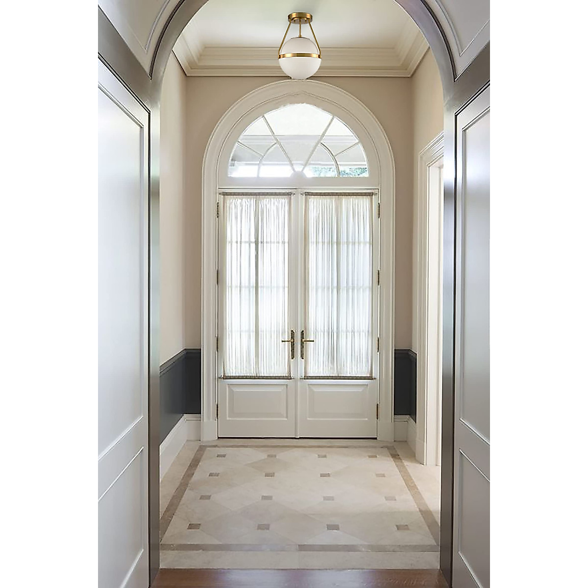 HOLKIRT Mid Century Modern Globe Semi Flush Mount Ceiling Light Fixture,White Opal with Brass Finish,Living/Dinning Room