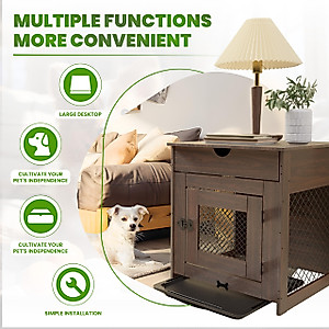 PURRPAXZ Dog Kennel Furniture, Wooden Dog Crate End Table Under 25 lbs, metal mesh Dog Crate Indoor Kennel for with Storage Drawer & Cushion & Tray for bedrooms(Brown)