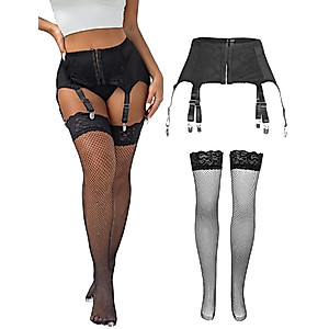 comeondear Thigh High Stockings with Garter Belt Set Plus Size Lace Garter Belt Lingerie for Women 6 Strap Suspender Belt