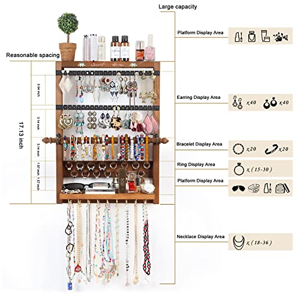 KYLOVHOS Hanging Jewelry Organizer, Wall Mounted, Pine Wood, Rustic Wooden Storage Display for Necklaces, Bracelets, Earrings, Rings (Brown).