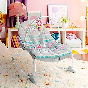 Bright Starts Rosy Rainbow Infant to Toddler Rocker with Vibrations, Baby Seat for Girl or Boy, Newborn +