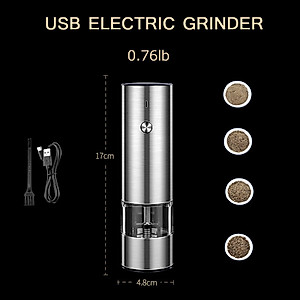 Electric Salt or Pepper Grinder, Rechargeable Stainless Steel Automatic Pepper Mill with Light, Adjustable Coarseness, Ceramic Core, One Touch Operation, Refillable, No Battery Needed