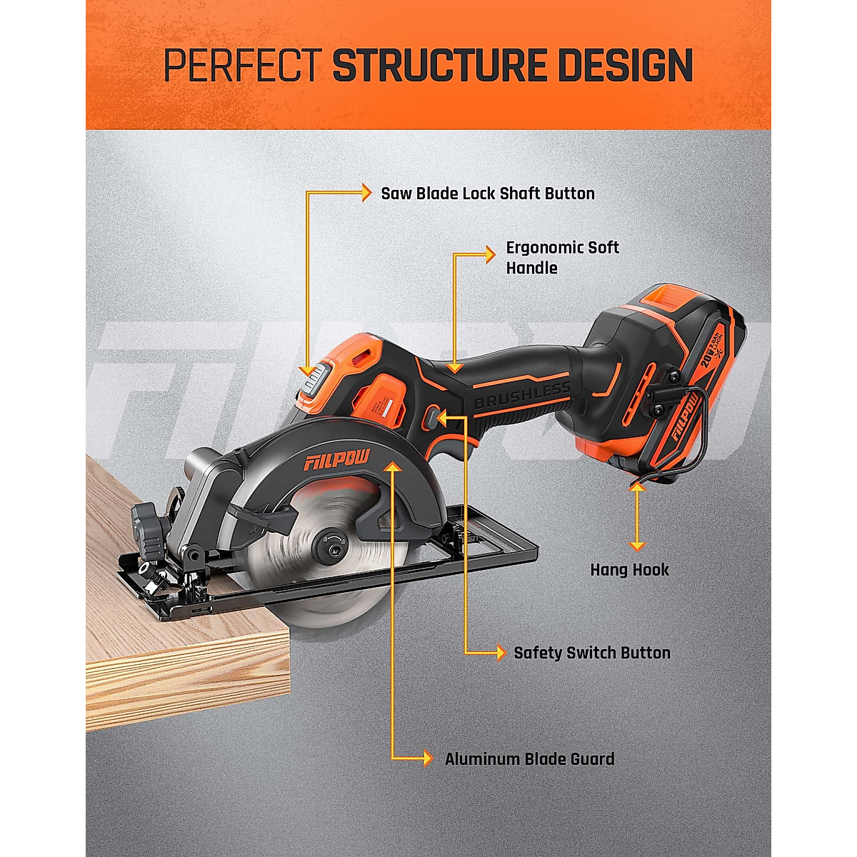 FIILPOW Mini Circular Saw Cordless 4-1/2", 20V Brushless Compact Hand Saw Wireless, 5500 RPM & 2.0Ah battery & Fast Charging, 3 Blades (24 TCT/80 HCS/60 DIAMOND) for Wood, Soft Metal and Tile