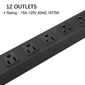 Metal Wall Mount Power Strip, Mountable Power Outlet with 12 AC Outlets, Aluminum Alloy Mount Power Socket with Switch, 6 FT SJT 3/C 14AWG Power Cord, 15A 125V 1875W (12AC) Black